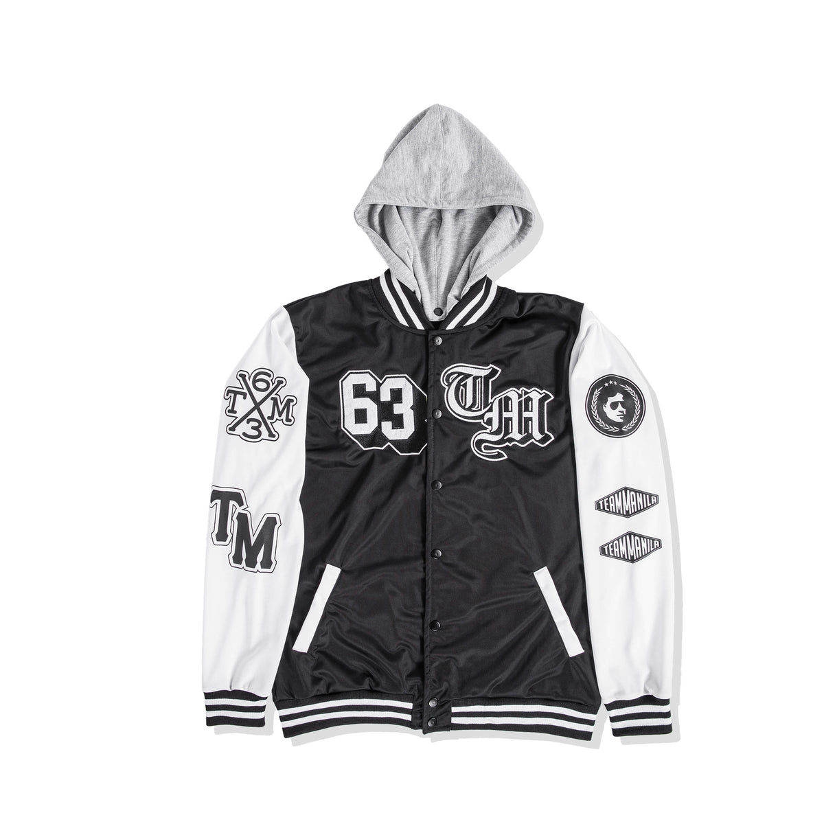 TEAM MANILA DOWNTOWN VARSITY JACKET BLACK/WHITE | TeamManila Lifestyle