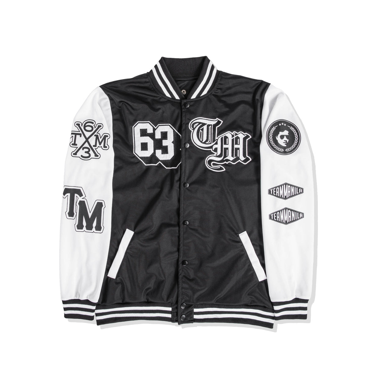 TEAM MANILA DOWNTOWN VARSITY JACKET BLACK/WHITE | TeamManila Lifestyle
